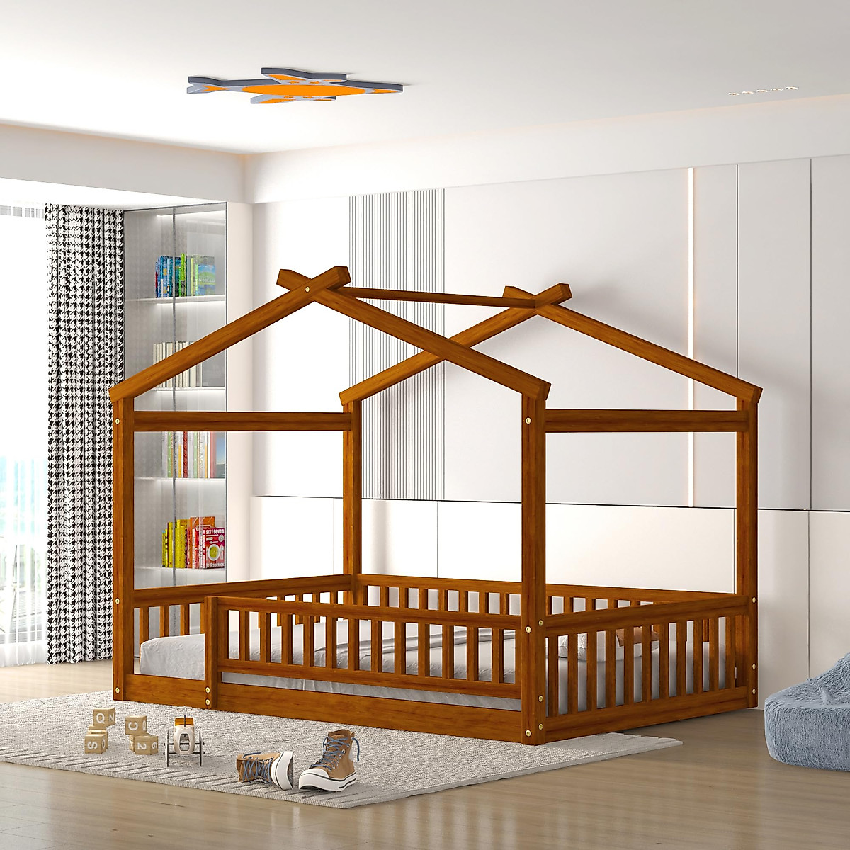 BestLM Full Size Wooden House Bed for Kids, Wood Platform Bed Frame with Fence, Roof, and Safety Guardrail for Kids, Teens, Girls, Boys, Walnut