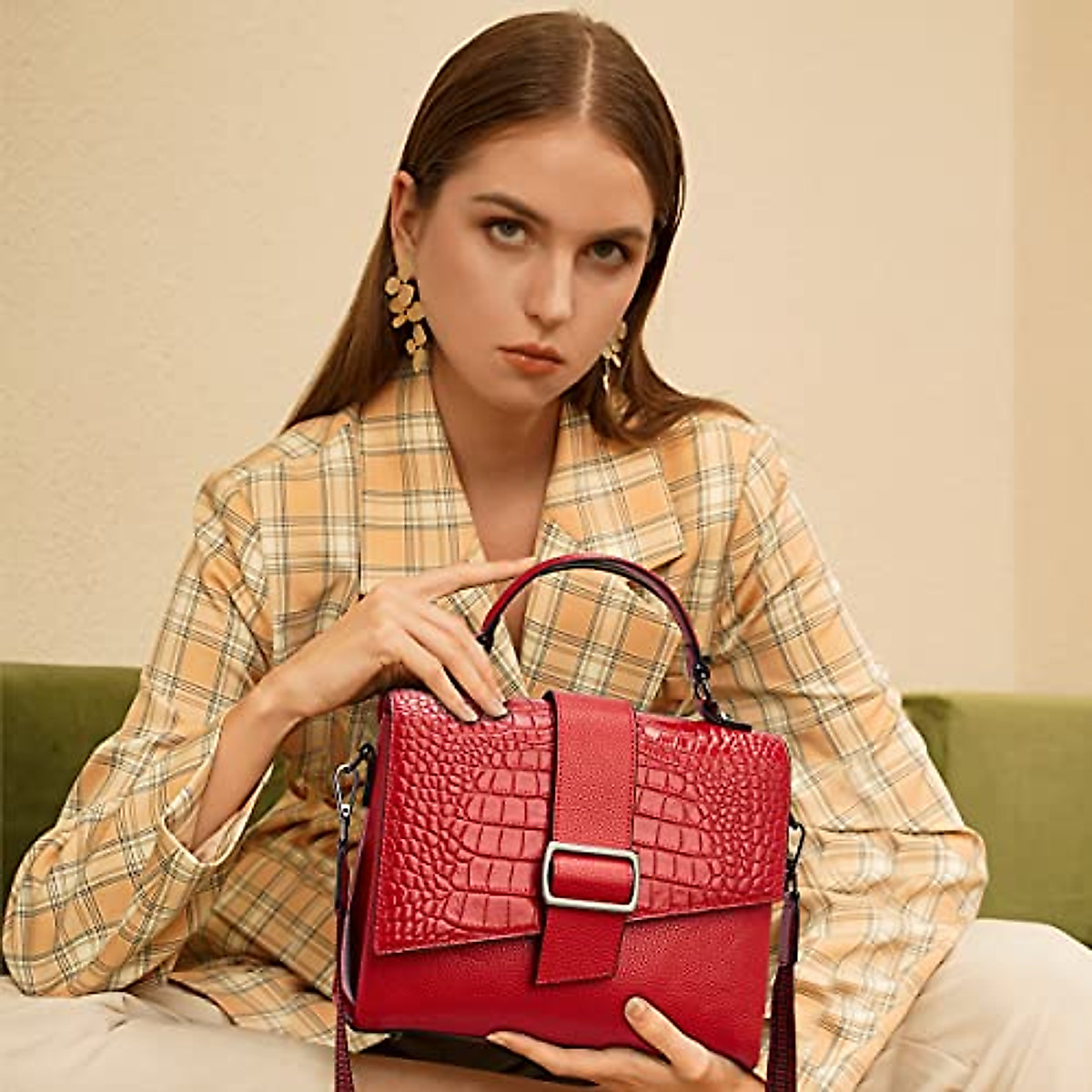 Small Top-handle Bags for Women, Genuine Leather Crocodile Skin Ladies Crossbody Bags with 2 Shoulder Straps Womens Small Satchel Purses and Handbags (Red)