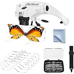Dicfeos Magnifying Glass with Light for Close Work, Headband Lighted Magnifier with 5 Lenses for Jewelry, Arts , Crafts, Knitting, Cross Stitch, Stamp Kit, Needle Works, Crochet and DIY