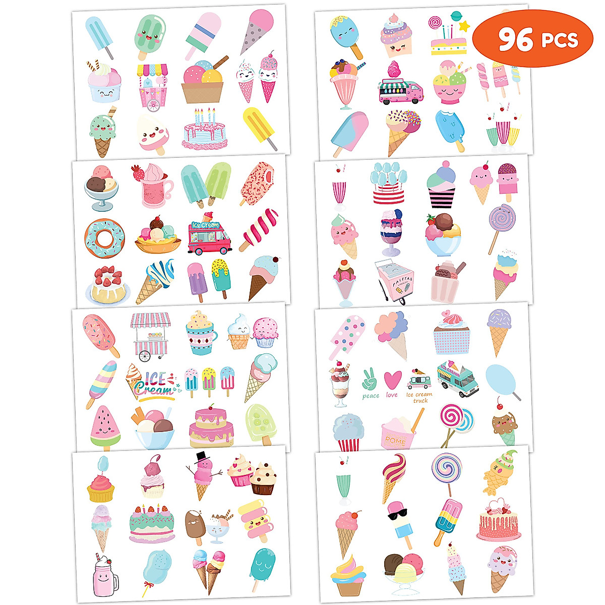 8 Sheets (96PCS) Ice Cream Temporary Tattoos Birthday Party Decorations Favors Tattoos Stickers Cute Party Supplies Kids Girls Boys Gifts Classroom School Prizes Themed