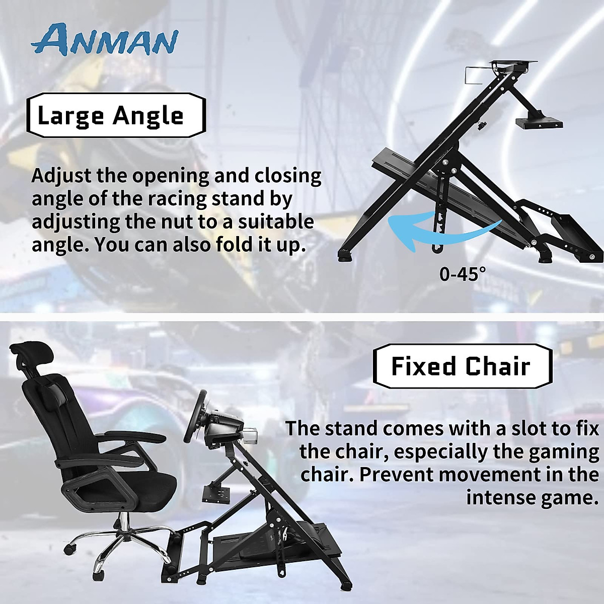 Anman Foldable Sim Racing Wheel Stand with Fixed Slot Fit for Logitech G25 G27 G29 G920 G923 Fanatec Thrustmaster Racing Simulator Tilt Adjustable Steering Wheel Stand,Wheel & Pedal Not Included