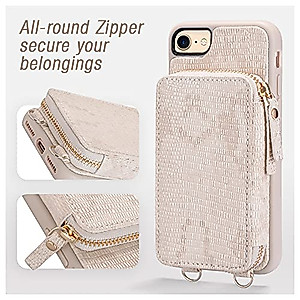 iPhone SE 2022 Wallet Case, iPhone 8 Crossbody Case, ZVEdeng Zipper Wallet Card Holder Crossbody Strap Case Shockproof Leather Purse Case for iPhone SE 3rd Gen (2022) 2020/8/7 4.7'' Lizard Skin Beige