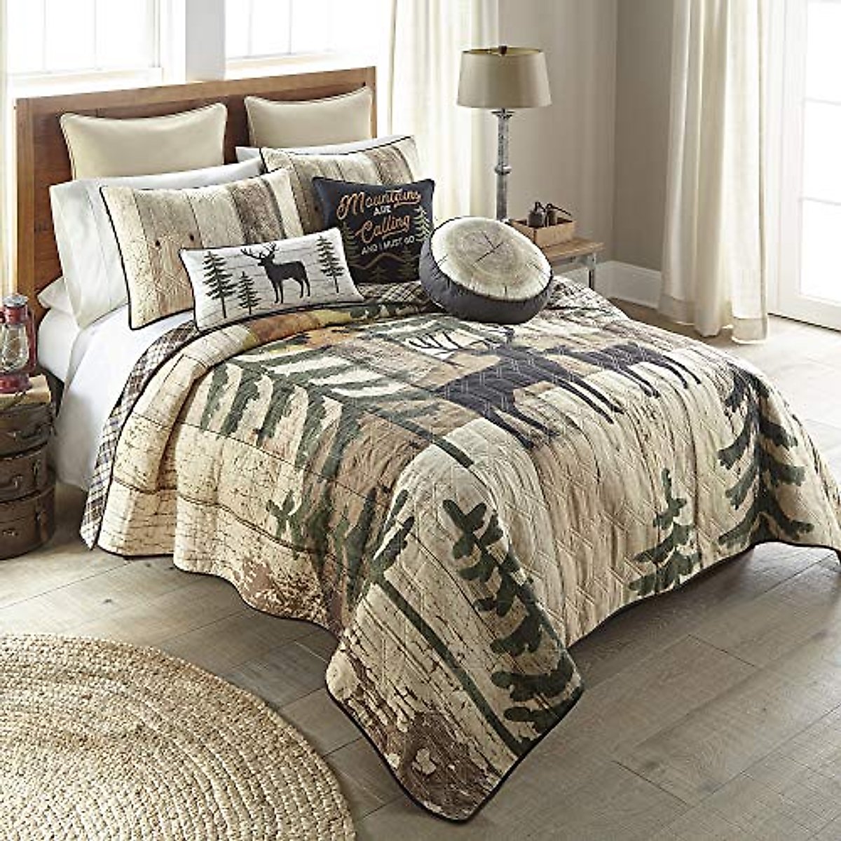 Donna Sharp Throw Pillow - Painted Deer Lodge Decorative Throw Pillow with The Mountains are Calling and I Must Go Design - Square