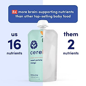 Cerebelly Baby Food Pouches - Organic Veggie Purees Variety Pack (4 oz, Pack of 8) Toddler Snacks - 16 Brain-supporting Nutrients - Healthy Snacks, Gluten-Free, BPA-Free, Non-GMO