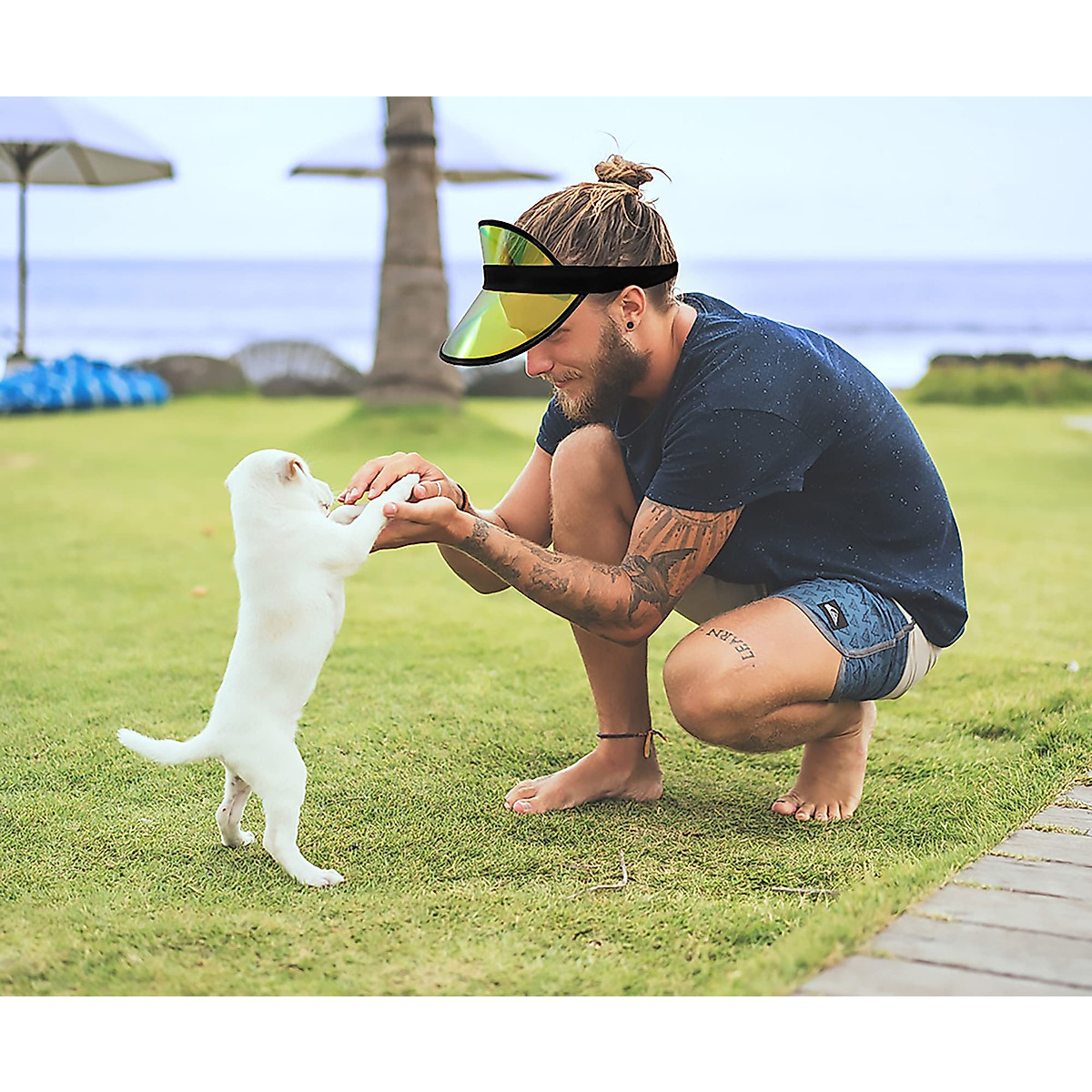 Nicky Bigs Novelties Clear Holographic Iridescent Mirrored Metallic Colored Plastic Sun Visor Tennis Beach Vegas Dealer Golf Hat, Oil Slick