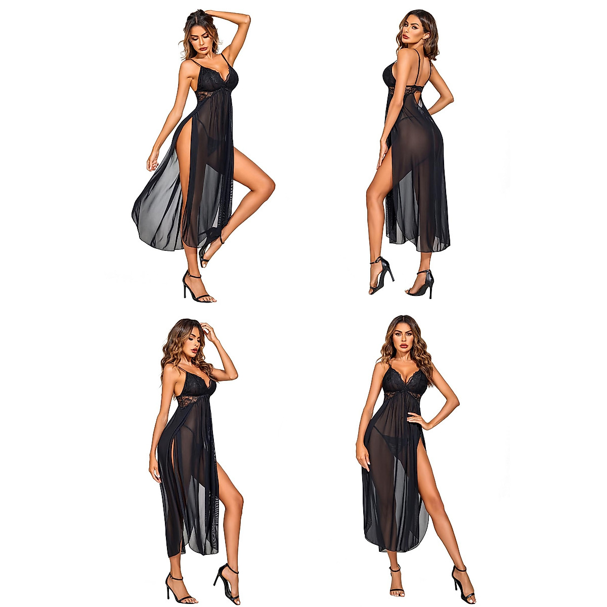 Avidlove Women's Lace Mesh Babydoll Split Long Lingerie Dress Chemise Black