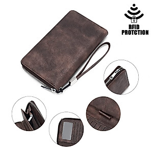 Telena Leather Wallets for Women Slim Zip Around Wristlet Clutch Purse Large Phone Holder Retro Coffee