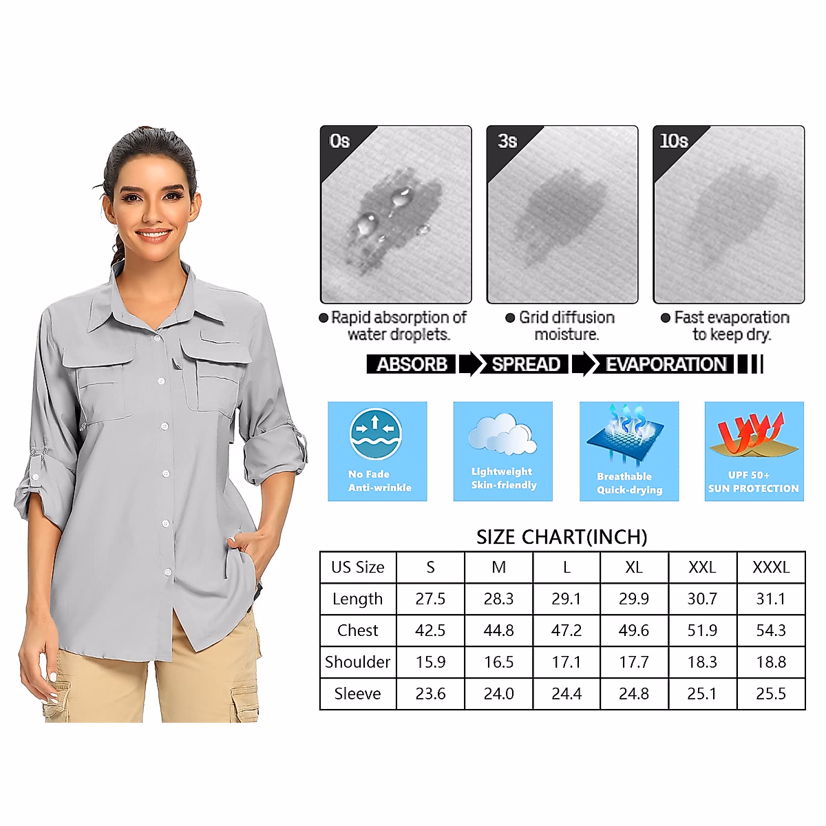 Jessie Kidden Women's UPF 50+ UV Sun Protection Safari Shirt, Long Sleeve Outdoor Cool Quick Dry Fishing Hiking Gardening Shirts (5055 Grey XL)