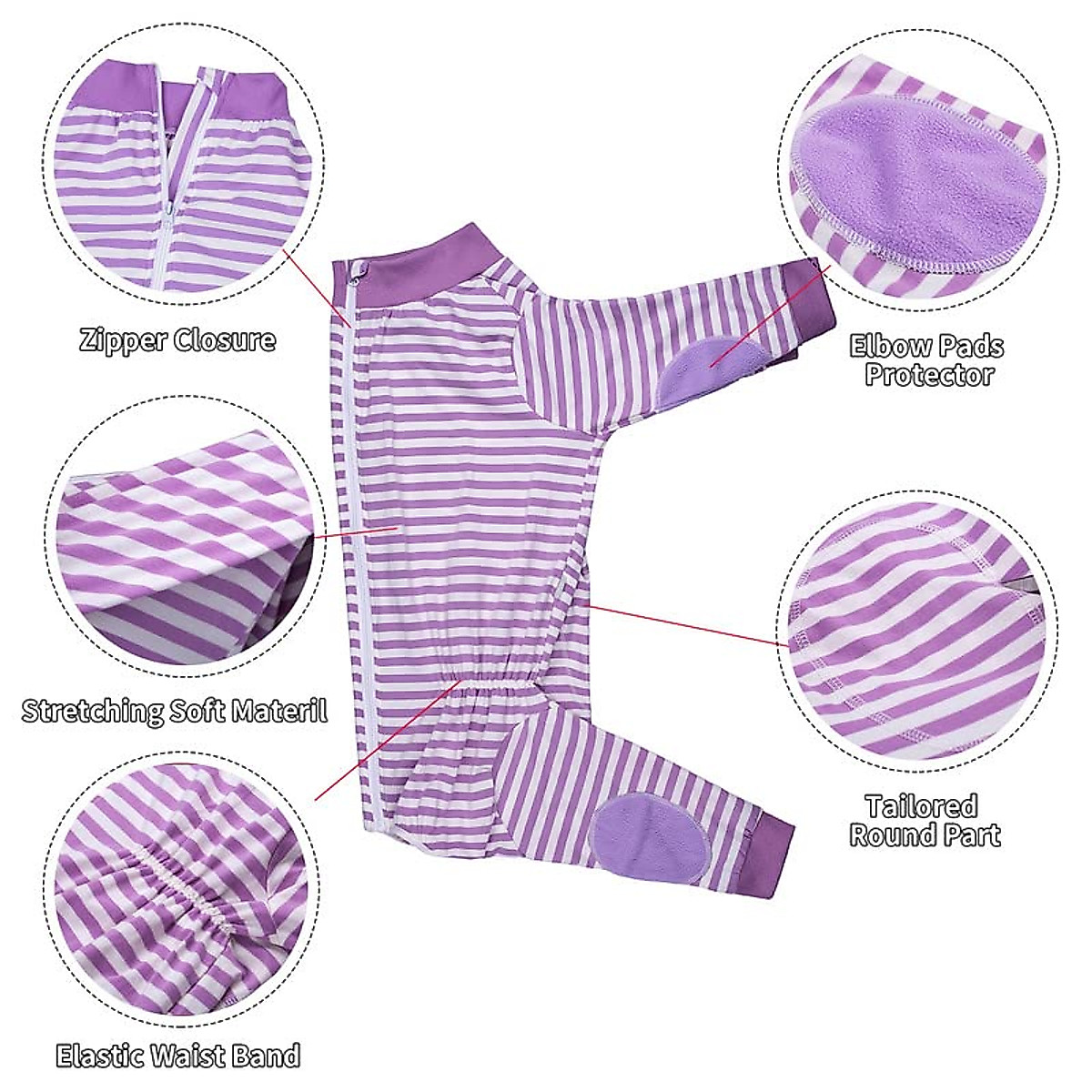 Large Dogs Pajamas, Stripes Cotton Stretchable Dog Jumpsuit, 4 Legs Lightweight Dog Onesie Pjs Clothes Apparel with Zipper Closer and Elbow Pads, Full Coverage Large Breed Dogs Anti-Shedding Suit
