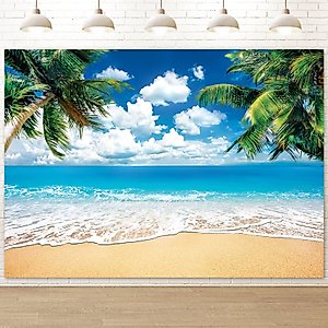 Humkat Hawaiian Beach Ocean Backdrop, 7X5FT Cloth Fabric Summer Tropical Party Background for Indoor and Outdoor Decoration, Palm Tree Sea Backdrop Banner for Photoshoot, Reusable and Washable