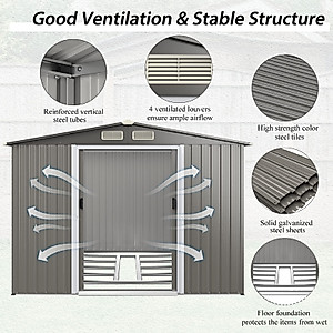 IRONMAX Outdoor Storage Shed with Floor, 8x6 FT Galvanized Steel Large Garden Shed w/Lockable Sliding Doors & Air Vent, Heavy Duty Tool Storage House for Backyard Patio Lawn