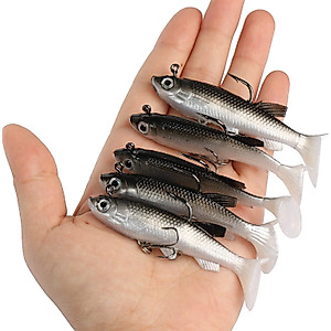 Goture Soft Fishing Lures jig Heads, Saltwater Freshwater Minnow Fishing Bait T Tail with jig Head, Fishing Lure Swim Shad Baits for Bass Fishing 5Pack