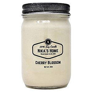 Nika's Home Cherry Blossom Soy Candle 12oz Mason Jar Non-Toxic White Soy Handmade, Long Burning 50-60 Hours Highly Scented All Natural, Clean Burning Large Candle Gift Décor