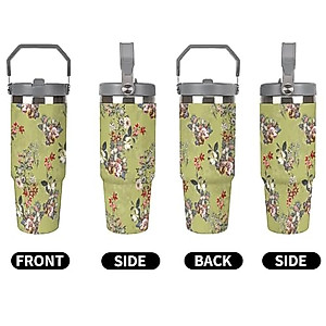 GemGam Stainless Steel Tumbler with Lid And Straw 30 Oz Top Handle Vintage Summer Flower Green Leakproof Vacuum Insulated Water Bottle for Car Travel Tropical