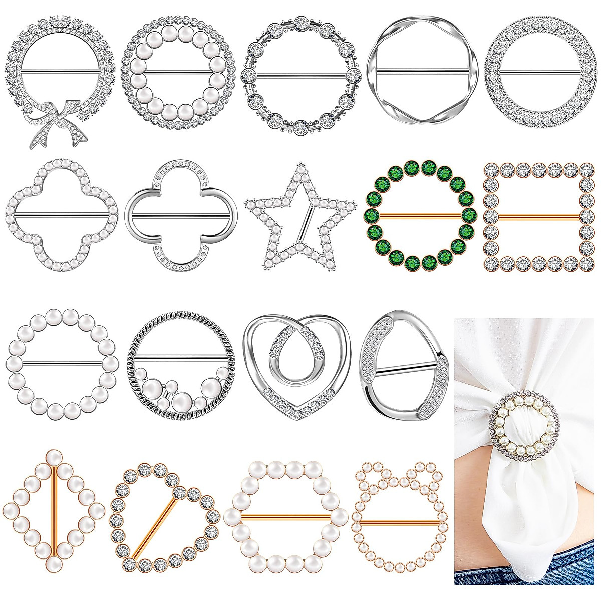 Juexica 18 Pcs T Shirt Clips Ties for Women Scarf Ring Clips Waist Round Metal Alloy Scarf Buckle with Rhinestone and Pearl(Classic)