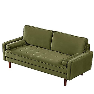 Container Furniture Direct Velvet 58" Loveseat Sofa Couch for Living Room, Classic Mid-Century Style with Modern Silhouette, Button Tufting and Wood Legs, Includes 2 Bolster Pillows, Olive Green