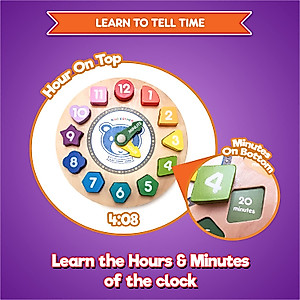 Lace & Learn Wood Clock for Kids - Shapes, Colors, Lacing & Telling Time Toddler Clock - Glow in The Dark Fine Motor Skills and Wooden Toys with Activity eBook