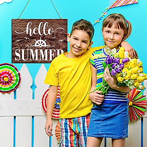 Jetec Hello Summer Wooden Sign Wooden Farmhouse Sign Home Rustic Front Door Decoration Wood Hanging Sign Wall Decor, 9.8 x 7.8 x 0.2 Inch