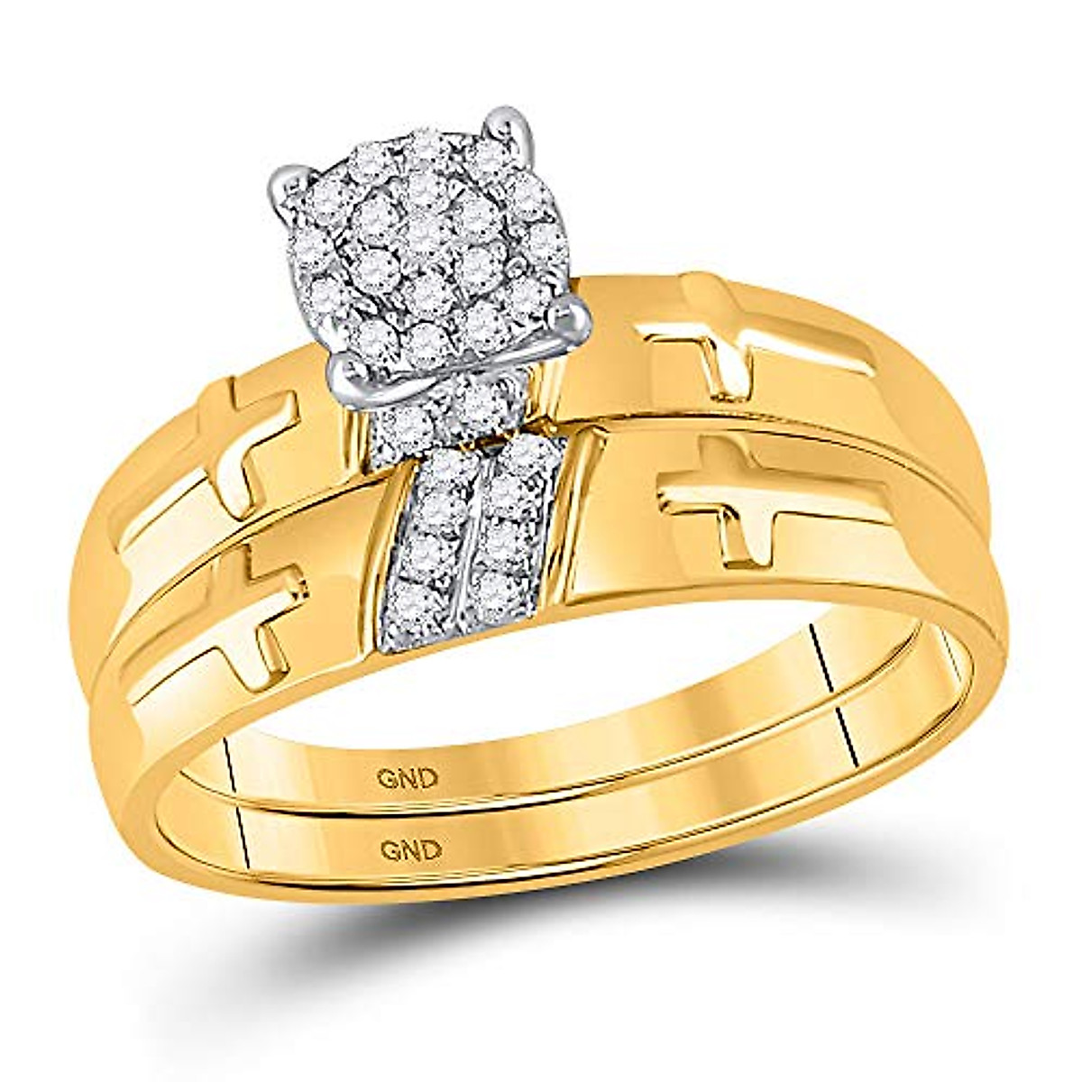 Solid 10k Yellow Gold His and Hers Round Diamond Cross Matching Couple Three Rings Bridal Engagement Ring Wedding Bands Set 1/4 Ct. - (L = 5.5, M = 8.5)