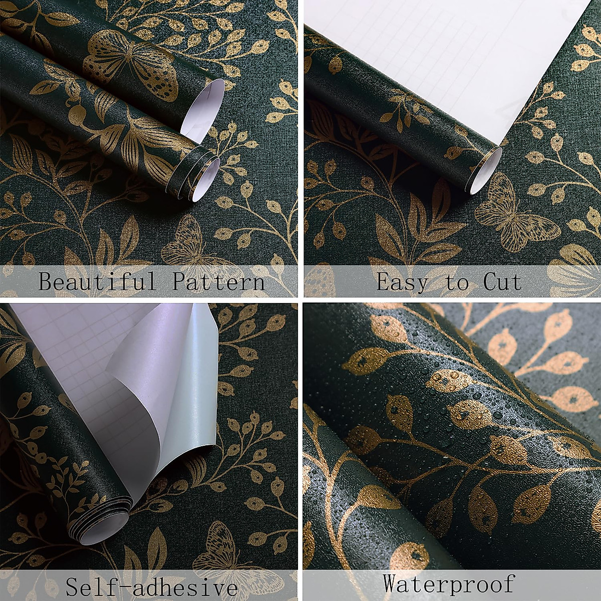 Wudnaye Green Vintage Floral Wallpaper Peel and Stick Wallpaper Dark Green and Gold Flower Leaf Butterfly Contact Paper 17.7" X 118.1" Removable Self Adhesive Boho Wallpaper for Bedroom Cabinets Decor