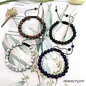 JEWPARK 10 PCS 8mm Semi-Precious Gemstone Bracelet Set Healing Crystal Stone Bracelets for Men Women Round Beaded Adjustable Macrame Bracelets