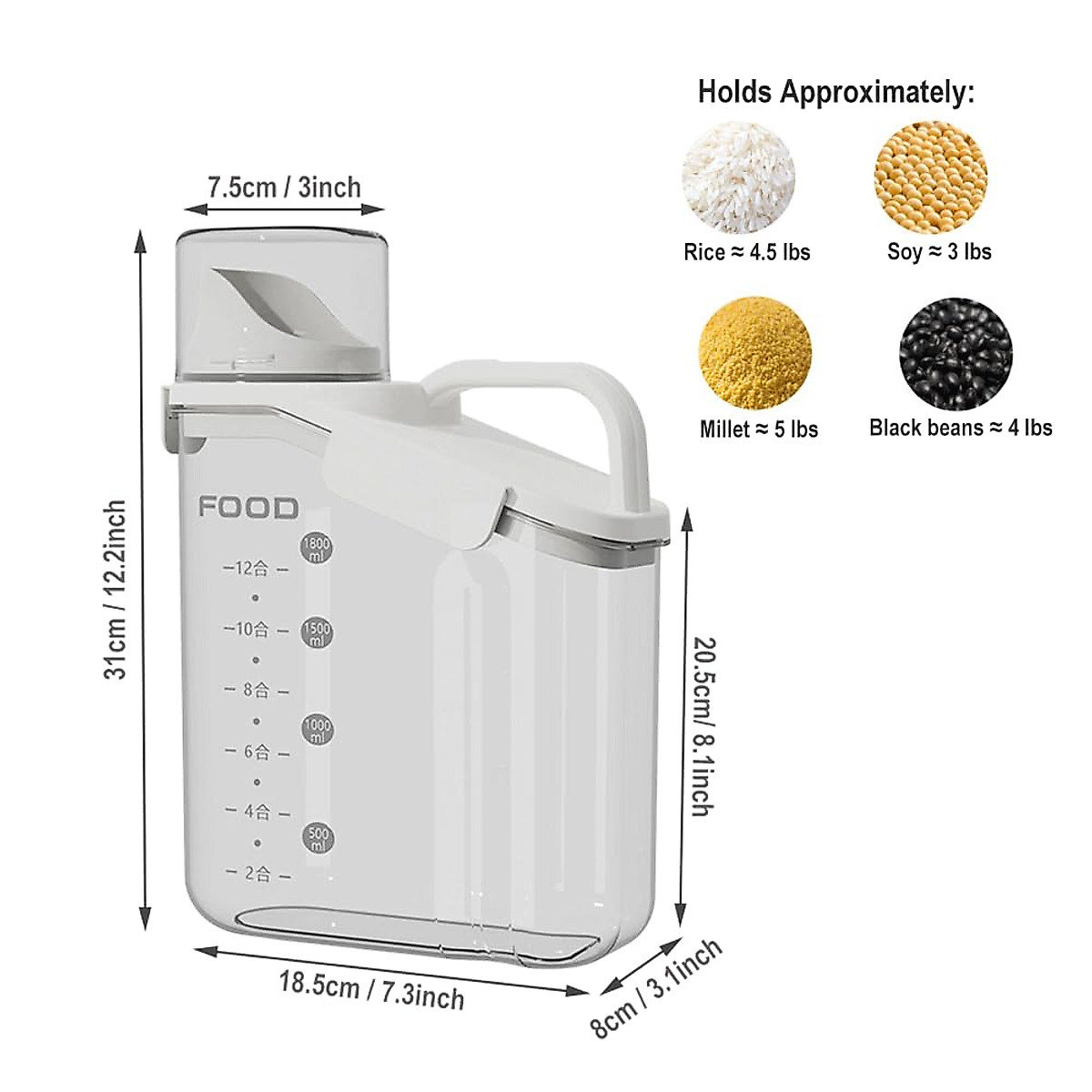 WINIAER Airtight Rice Storage Container with Measuring Cup, 3 to 5 lbs Cereal Dry Food Containers Dispenser, Pet Dog Cat Food Container Box, BPA Free Clear Plastic Containers