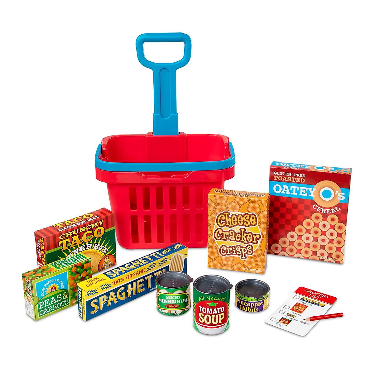 Melissa & Doug Fill and Roll Grocery Basket Play Set With Play Food Boxes and Cans (11 pcs), Frustration-Free Packaging)