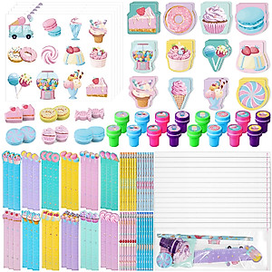 PerKoop 168 Pcs Ice Cream Party Favors Include Mini Notebook Sticker Pencil Stationery Gift Set Sweet One Party Favor Supply for Candyland Donuts Birthday Decoration Classroom Reward Stuffer Filler