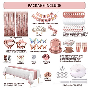 UJoyant 236 Pcs Birthday Decorations For Women, Rose Gold Party Decorations Kit For Girls Or Women - Butterfly Decors, Hanging Swirl, Balloon Stand Kit, Sash, Tiara, Banner, Tassel Curtain, Balloon, Tableware Kit For 25 Guests