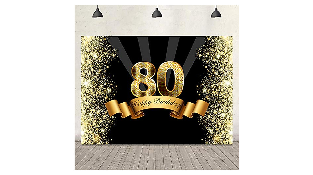 Happy 80th Birthday Gold Glitter Backdrop | 7x5ft Photo Decor