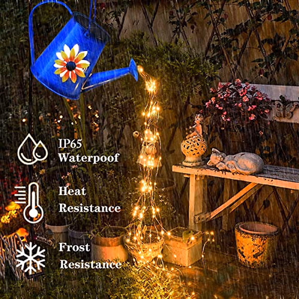 Blue Solar Watering Can with Light,Solar Powered Waterfall Lights 1 Pack 60 LED(Includes Shepherd Hook) for Garden,Yard, Path, Christmas Holiday Decoration