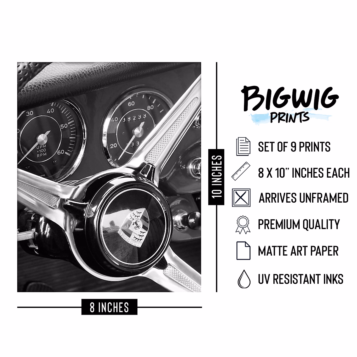 BigWig Prints Porsche 911 Poster - Porsche Wall Art, Vintage Car Poster, 911 GT3 RS Art, Garage Decor, Classic Car Wall Decor, Artwork for Garage - Unframed Set of 9 (8x10)