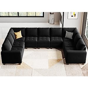 Belffin Oversized Velvet Modular 9 Seater U-Shape Sectional Sofa Set with Chaise Convertible sectional Sofa Couch Set Modular Couch Corner U Shaped Sectoional Sofa Black