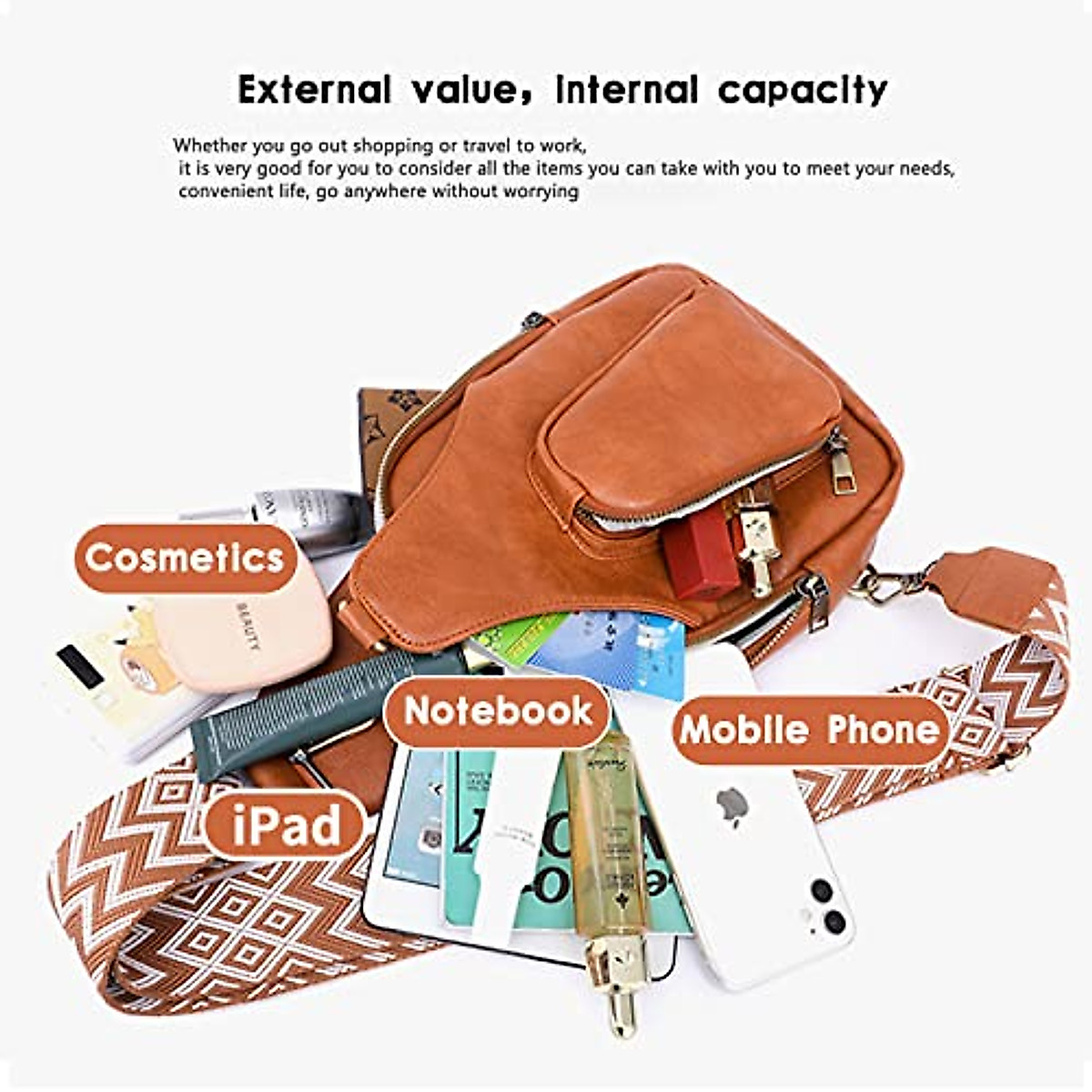 Stylifeo PU Leather Women Sling Bag Boho Sling Backpack Small Crossbody Fashion Chest Bags Satchel Daypack for Cycling Hiking Brown