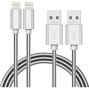 METZONIC Charger Cable [2 Pack, 6.6 Ft] Metal 304 Stainless Steel Braided USB Charging Cable High Speed Connector Data Sync Transfer Cord