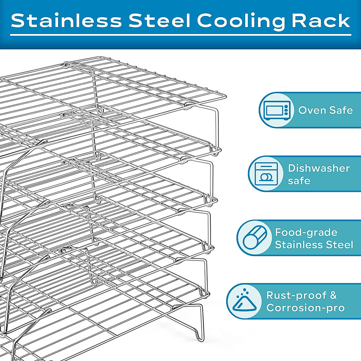 Leonyo Cooling Baking Rack 5-Tier Stackable Stainless Steel Wire Baking Cooking Racks Set for Cookie, Pizza, Cup Cake, Raised & Folding Feet, Oven Safe & Dishwasher Safe, Rust-Resistant - 15’’ x 10’’