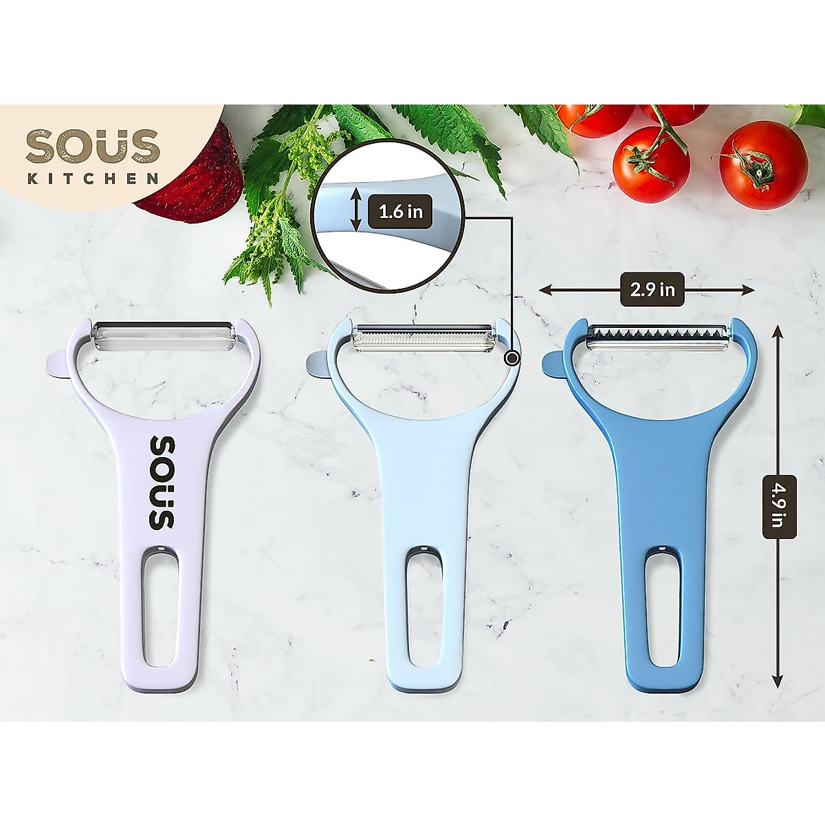 Sous Kitchen Veggie Peeler Julienne Peeler & Fruit Peeler Set of 3 - Vegetable Peelers for Kitchen - Potatoes Peeler With Sharp Peeler Blades - Speed Peeler With Ergonomic Handles & Swivel Blades