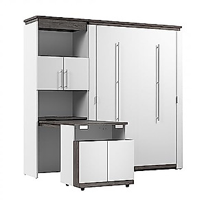 Bestar Orion Murphy Bed with Storage Cabinet and Fold-Out Desk (91W), Sleeping Arrangement with Work Surface, Full, White & Walnut Grey