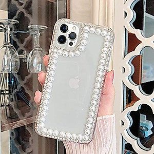 Guppy for iPhone 12 Pro Max Women Girls Bling Diamond Pearl Case Luxury Glitter Handmade Rhinestones Soft Silicone Rubber Sparkly Shiny Protective Cover Case for iPhone 12 Pro Max 6.7" Clear