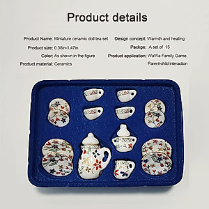 15 Pack Miniature Ceramic Doll Tea Set Dollhouse Tea Cup Set Decoration Accessories for Scale 1:12 Dollhouse Craft (Flowers)