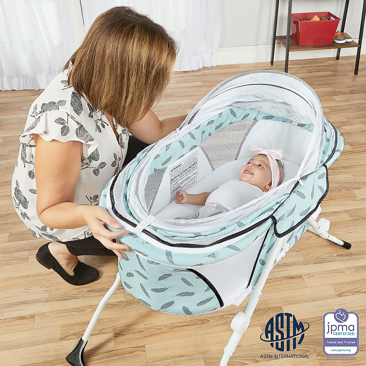 Dream On Me Karley Plus Baby Bassinet, Lightweight Compact Portable Bassinet, Easy and Quick Fold with Removable Double Canopy, Breathable Mesh Design, Ice Blue