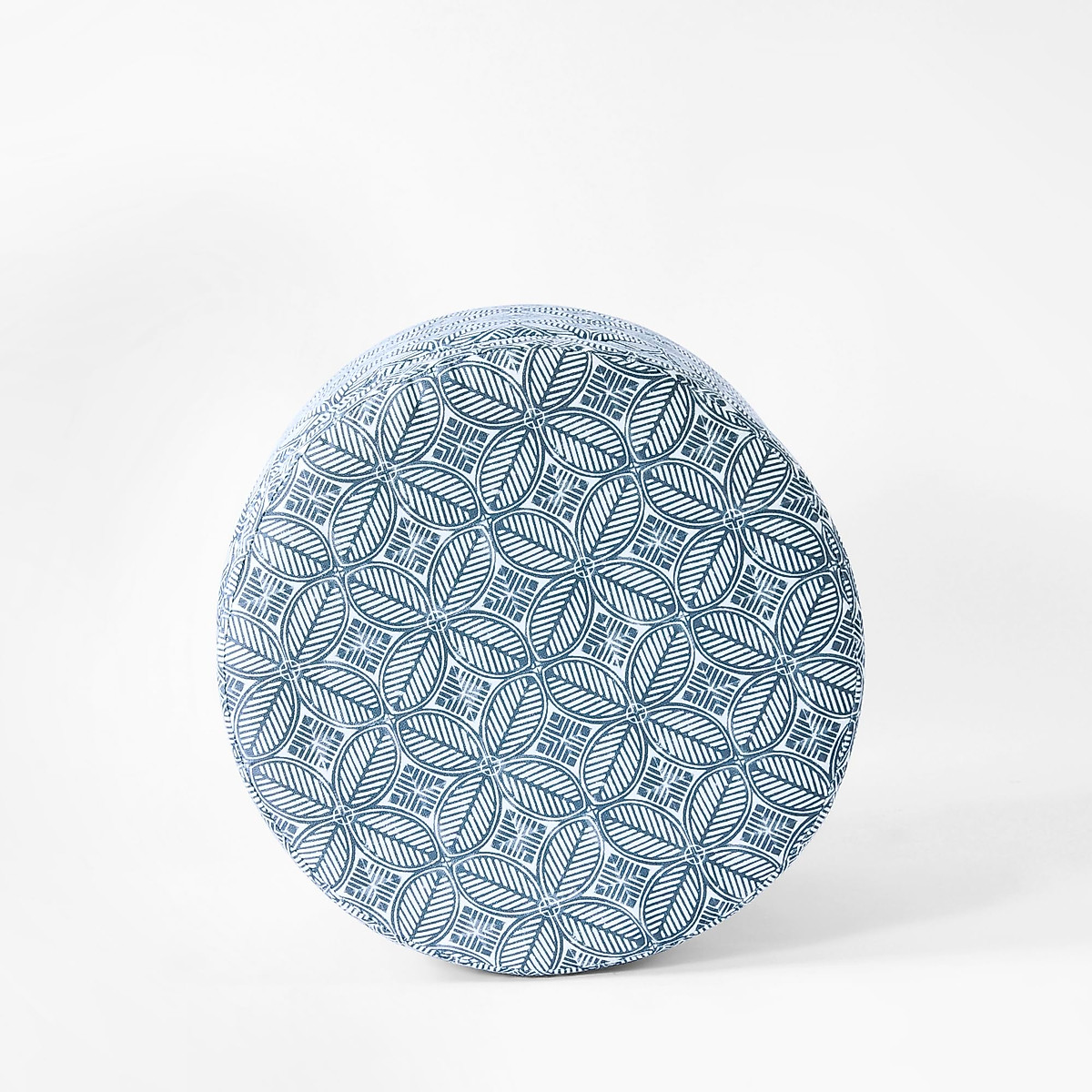 HomePop Upholstered Round Storage Ottoman Home Décor|Upholstered Round Foot Rest Ottoman -Blue Indigo Print Large