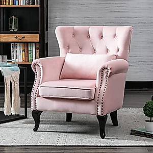 chairus Mid-Century Modern Accent Chairs Set of 2, Comfy Tufted Single Sofa Chair Wingback Armchair with Pillow for Club, Living Room, Bedroom - Velvet, Pink