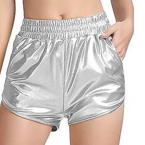 Women's Yoga Hot Shorts Elastic Waist Shiny Metallic Pants (Silver, L)