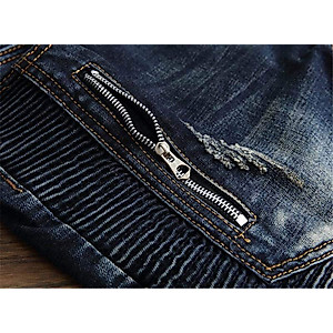 AITITIA Men's Biker Zipper Deco Washed Straight Fit Jeans (30W x 31L, Dark Blue)