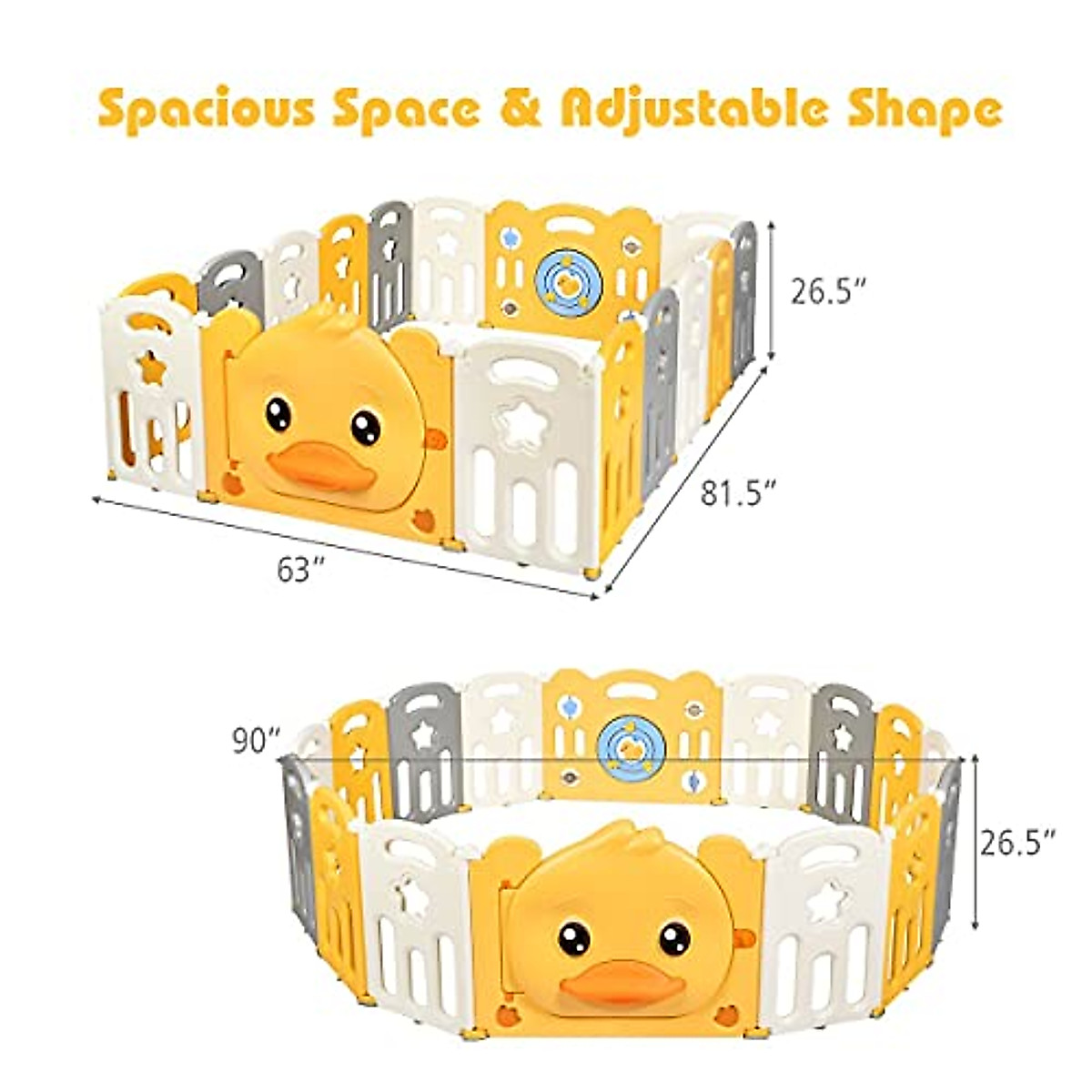 HONEY JOY Baby Play Yard, 16 Panel Psyduck Foldable Baby Gate Playpen, Anti-Slip Rubber Base & Suction, Indoor Safety Baby Fence for The House, Extra Large Anti-Fall Play Pen for Toddler