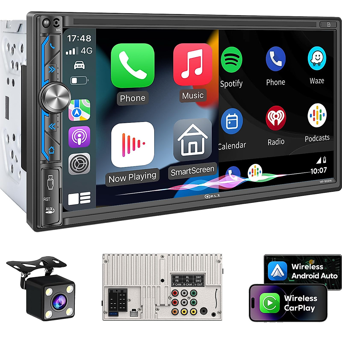 PLZ 7" Wireless Double Din Car Stereo Apple Carplay Radio Screen for Car Audio Receivers, Bluetooth 5.3 Car Play Android Auto Touchscreen, 240W 4.2 CHN 2 Subwoofers Outputs, Backup Camera, SWC, FM/AM