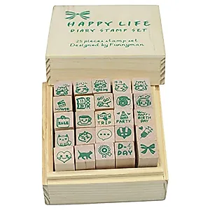 Pack of 25 Pcs Small Green Happy Life Shape Wooden Rubber Stamps with Box for DIY Craft Card and Photo Album (Green)