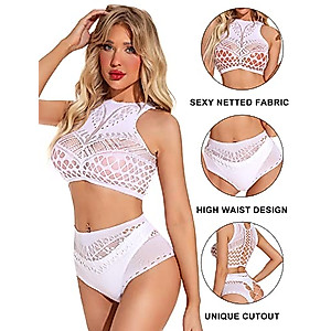 RSLOVE Womens Lingerie Set Sexy Fishnet Bodysuit Lace Babydoll 2 Piece Set One Size White
