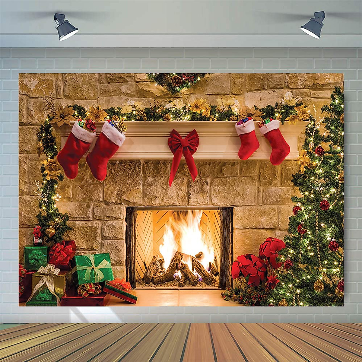 WOLADA 7x5FT Christmas Fireplace Photo Backdrop - Holiday Wall Decor and Background for Photography